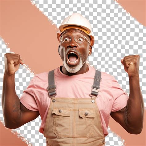 아프리카계 미국인 인종의 금발 머리카락을 가진 충격적 인 중년 남자가 광부 의상을 입고 파스텔 복 ⁇ 아 배경에 팔을 들어 올린 스타일로 포즈를 취합니다 프리미엄 Psd 파일