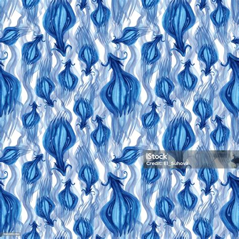 단색 수채화 이음새가 없는 패턴은 추상적인 파란색 마법의 꽃과 물고기로 초대장 패턴 직물 월페이퍼 스티커를 제공합니다 흰색