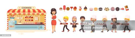 벡터 일러스트 레이 션 만화 캐릭터 어린이 학생 남학생 여 학생 비즈니스 판매 쿠키 제빵 머핀 컵 케 익 케이크 파이 평면 스타일 흰색 배경으로 축 사 격리 오븐에 굽기에