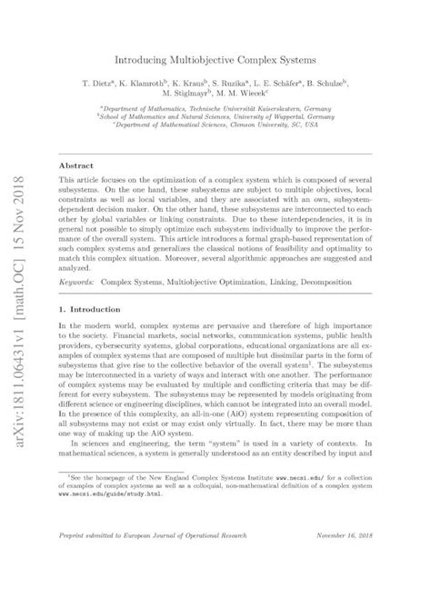 Pdf Introducing Multiobjective Complex Systemsintroducing