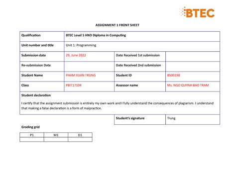 Asm1 Programming Finish Assignment 1 Front Sheet Qualification Btec Level 5 Hnd Diploma In