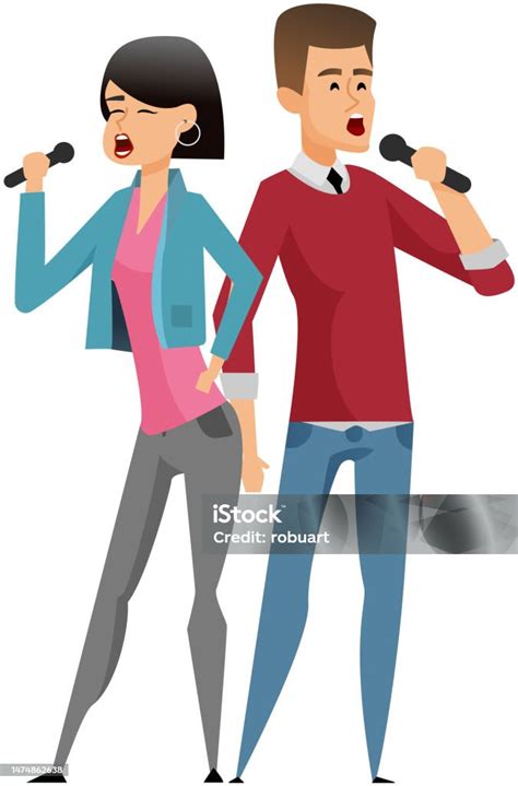 마이크가있는 두 명의 가수 만화 젊은 남성 예쁜 여성 보컬 듀엣에서 노래 Performing Arts Event에 대한 스톡 벡터 아트 및 기타 이미지