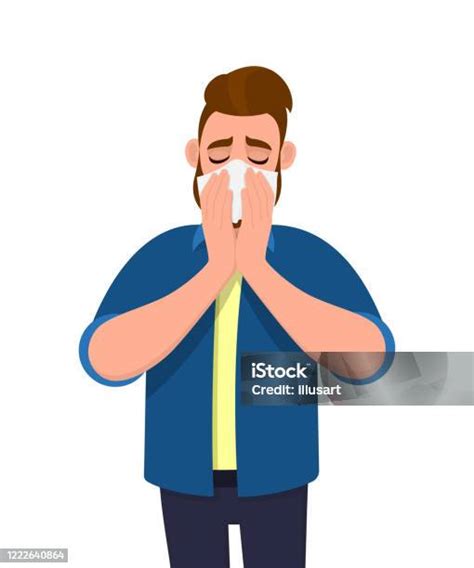 젊은 남자 재채기 하 고 조직을 들고 콧마를 불고 아픈 사람 손수건으로 덮는 남성 캐릭터 감기와 독감으로 고통받는 건강에 해로운 인간 벡터만화 일러스트 디자인 기침하기에