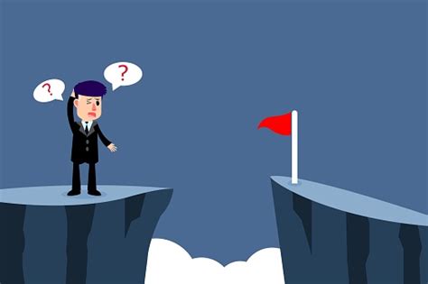 벼랑 끝에 서 있는 사업가들은 성공의 깃발로 가는 간극을 건너는 방법을 고민하고 있다 비즈니스 문제 해결 사업 개념 벡터 일러스트 레이 션 개념에 대한 스톡 벡터 아트 및