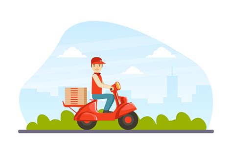 익스프레스 배달 서비스 모터 바이크 플랫 벡터 일러스트와 함께 피자를 제공하는 유니폼택배 독일에 대한 스톡 벡터 아트 및 기타