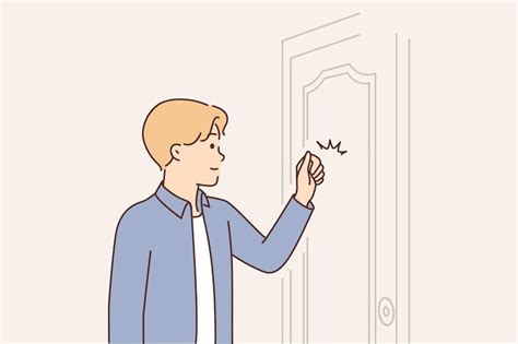 Premium Vector Young Man Knocks On Door When Comes To Visit Friend Or Company Office To Get Job