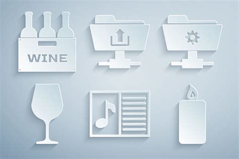 노트 Ftp 설정 폴더 와인 유리 불타는 촛불 업로드 및 와인 상자 아이콘의 병으로 음악 책을 설정합니다 벡터 3차원 형태에 대한 스톡 벡터 아트 및 기타 이미지 Istock