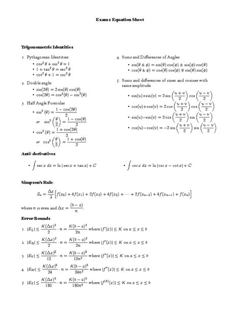 Exam Equation Sheet Exam Equation Sheet Trigonometric Identities Pythagorean Identities
