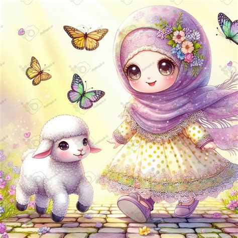 بک گراند کودکانه دختر ناز محجبه و بره کوچولو در حال بازی کد 41518 عکس