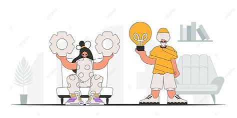 Trendy Couple With Light Bulb And Gears Problemsolving Vector Insight Success Achievement Png