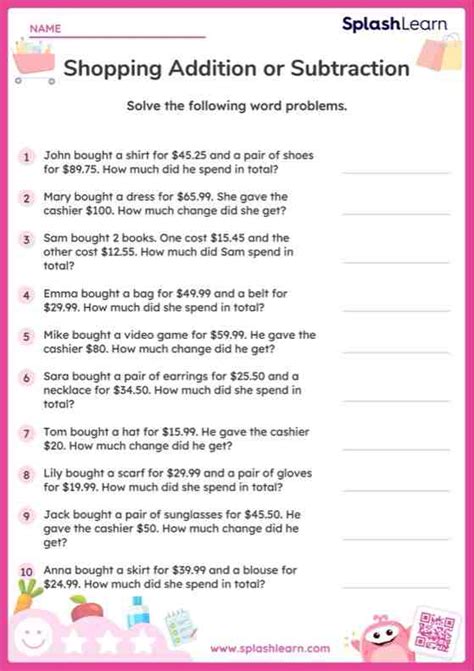 Add Or Subtract Decimal Numbers With Upto 2 Decimal Place Shopping Word Problems — Printable
