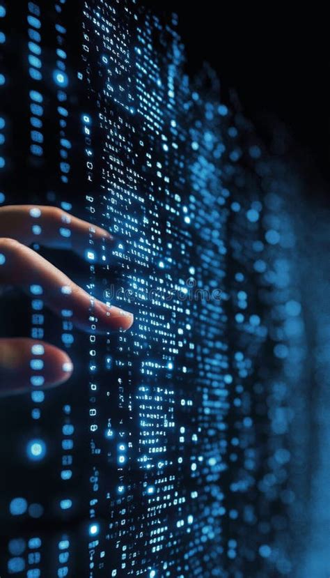 Finger Interacting With Cascading Binary Code Data Stream In Futuristic