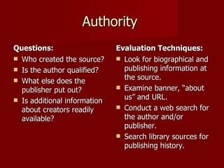 Evaluating Web Sources For Research PPT