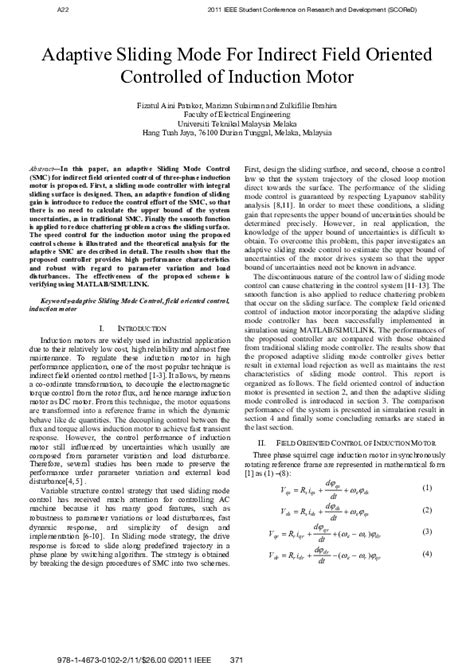 Pdf Adaptive Sliding Mode For Indirect Field Oriented Controlled Of Induction Motor