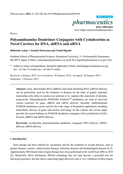 Pdf Polyamidoamine Dendrimer Conjugates With Cyclodextrins As Novel Carriers For Dna Shrna