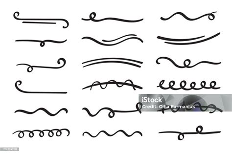 손으로 그린 세트에 밑줄을 긋습니다 손으로 그린 칸막이 구분 기호 테두리 낙서 스타일 모음 텍스트 장식을 위한 다양한 예술 강조 요소 개체 그룹에 대한 스톡 벡터 아트 및