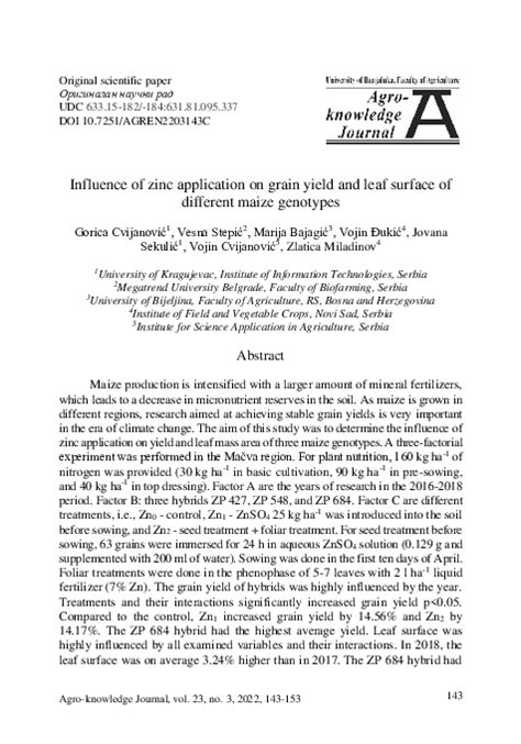Pdf Influence Of Zinc Application On Grain Yield And Leaf Surface Of