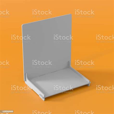 흰색 Pos Poi 골판지 바닥 디스플레이 랙 슈퍼마켓 빈 빈 디스플레이 선반 배열 주황색 배경에 선반 제품 격리 3d 렌더링 3차원 형태에 대한 스톡 사진 및 기타 이미지