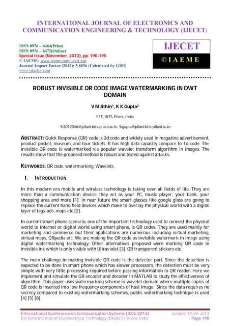 Robust Invisible Qr Code Image Watermarking In Dwt Pdf