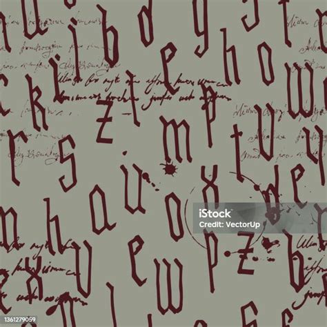 패턴 원활한 고딕 양식의 알파벳 서예 레터링 읽을 수없는 텍스트 잉크 얼룩 와인 유럽 중세 라틴어 문자 벡터 배경 0명에 대한 스톡 벡터 아트 및 기타 이미지 Istock
