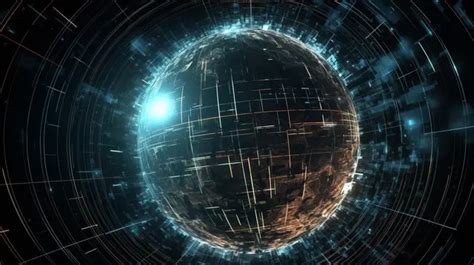 공간에서 원형 모양의 물리 시뮬레이션 행성 3d 렌더링 추상 미래 사이버 행성 월드 와이드 웹 디지털 배경 사이버 보안 개념