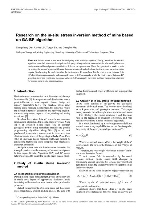 Pdf Research On The In Situ Stress Inversion Method Of Mine Based On Ga Bp Algorithm