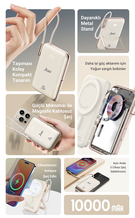 Juo Magsafe Powerbank 10000mah Standlı 20w Dahili Type C Kablolu Taşınabilir Hızlı Şarj Cihazı