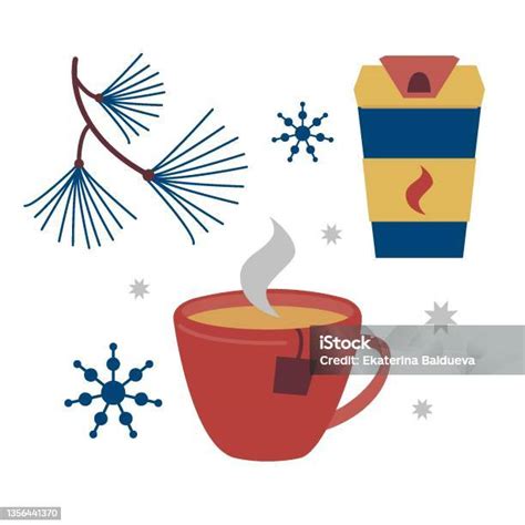 따뜻한 음료를 마실 수 있는 써모컵과 차 또는 커피 한 잔 겨울 피크닉 스포츠 산책 하이킹 및 모험을위한 티 백과 요리 흰색 배경에 격리된 플랫 단순 벡터 그림 0명에 대한