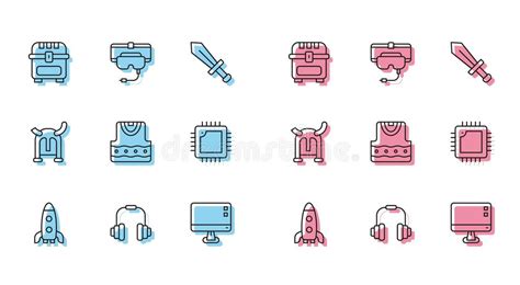 Set Line Rocket Ship Headphones Antique Treasure Chest Computer Monitor Screen Waistcoat