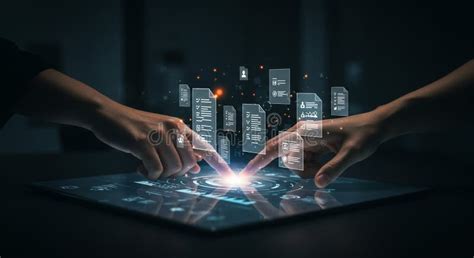 Two Hands Interact With A Digital Interface On A Glowing Touchscreen Surface Stock Illustration