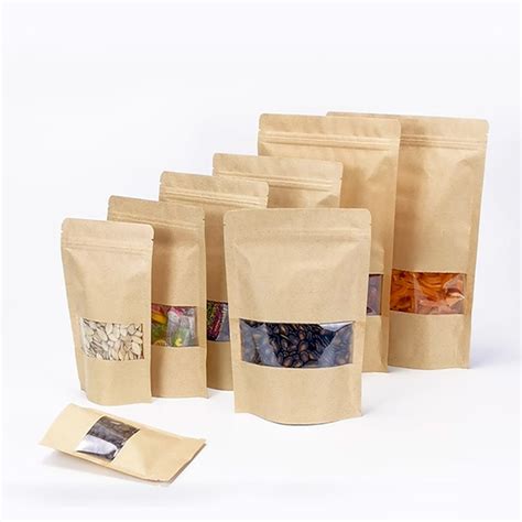 분해 가능한 크래프트 종이 지퍼락 자동 스탠딩 식품 포장 창 디스플레이 가방 차 건조 과일 콩 견과류 포장 100 개개인 생활 가전 부품 Aliexpress