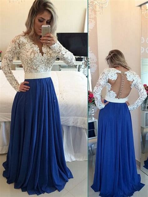 A Line Prom Dress V Neck Prom Dresslong Sleeve Prom Dresshigh Waist