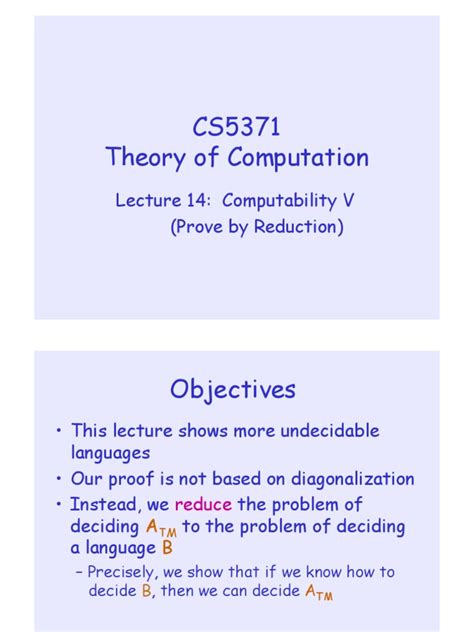 Cs5371 Theory Of Computation Lecture 14 Computability V Prove By Reduction Pdf Areas Of