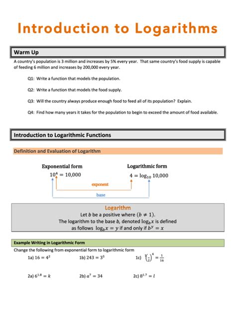 Introduction To Logarithms Worksheet Printable Pdf Download