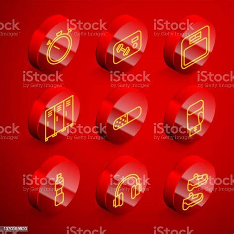 세트 라인 스톱워치 피트니스 클럽 체육관 카드 욕실 비늘 사물함 또는 변경 비타민 알약 복싱 장갑 물 병 및 헤드폰 아이콘 벡터 3차원 형태에 대한 스톡 벡터 아트 및 기타