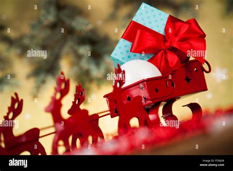 Christmas Santa Sleigh On Gift Box Background Stock Photo Alamy