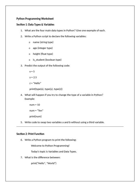 Python Programming Worksheet Pdf Data Type Boolean Data Type