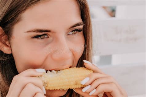 Woman Eats Corn On Beach Vegetarian Hipster Woman Eat Fresh Organic