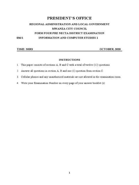 Ics F4 Mek Form Iv Paper 1 Mwanza Pdf