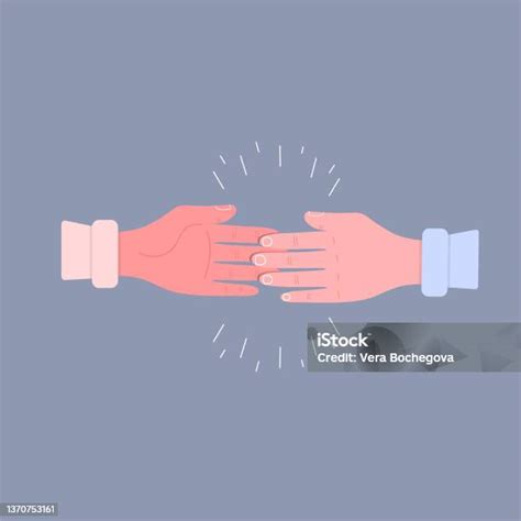 두 손은 환영하는 제스처로 서로 부딪쳤다 비공식 인사 친절한 제스처 박수 소리 손바닥이 손바닥에 닿습니다 벡터 플랫 만화 일러스트레이션 Eps 10 개념에 대한 스톡 벡터