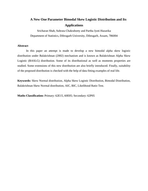 Pdf A New One Parameter Bimodal Skew Logistic Distribution And Its Applications