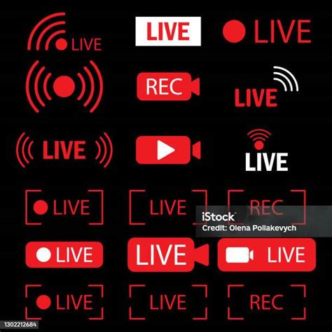 빨간색 라이브 녹음 아이콘 스트림 아이콘 은 검은 배경 카메라 아이콘입니다 벡터 Ui 화면입니다 라이브 스트리밍 로고 스톡