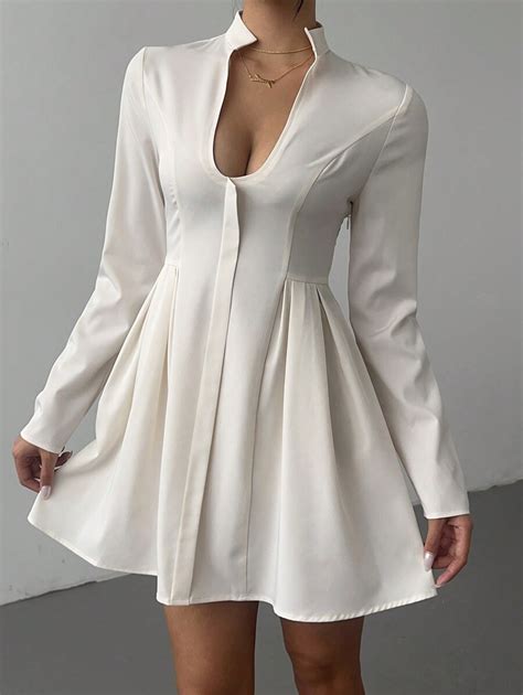 Aloruh Womens Sexy Deep V Ruched A Line Fitted Long Sleeve Apricot