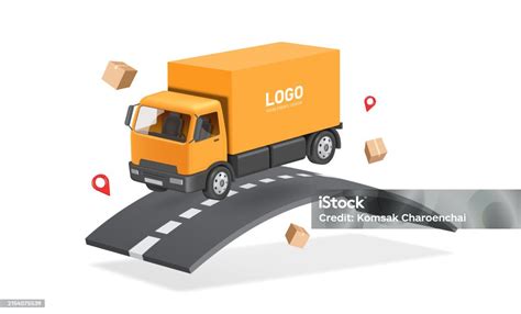 배달 및 온라인 쇼핑 개념 화물 노란색 트럭이 도로를 주행하고 소포 상자 또는 골판지 상자 모든 빨간색지도가 공중에 떠 있고