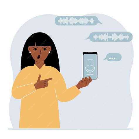 Premium Vector A Woman Holds A Smartphone Using A Voice Assistant Application Voice