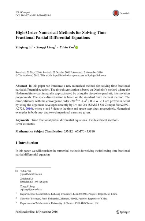 Pdf High Order Numerical Methods For Solving Time Fractional Partial Differential Equations