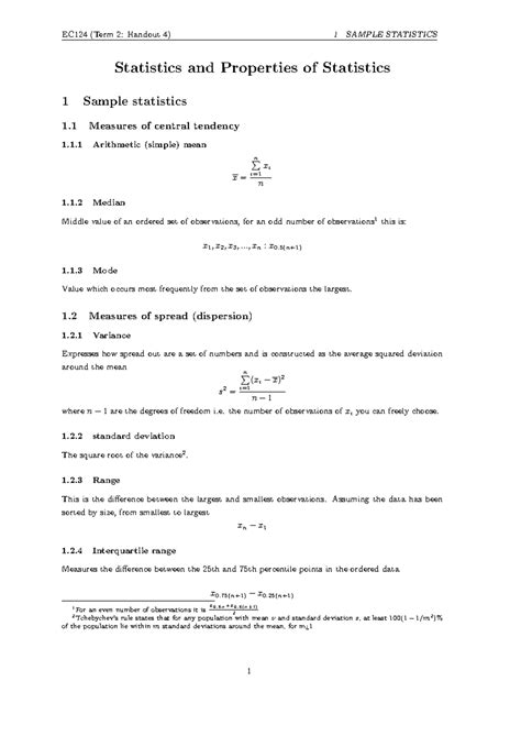 Handout Properties Of Statistics EC Term Handout SAMPLE STATISTICS Statistics