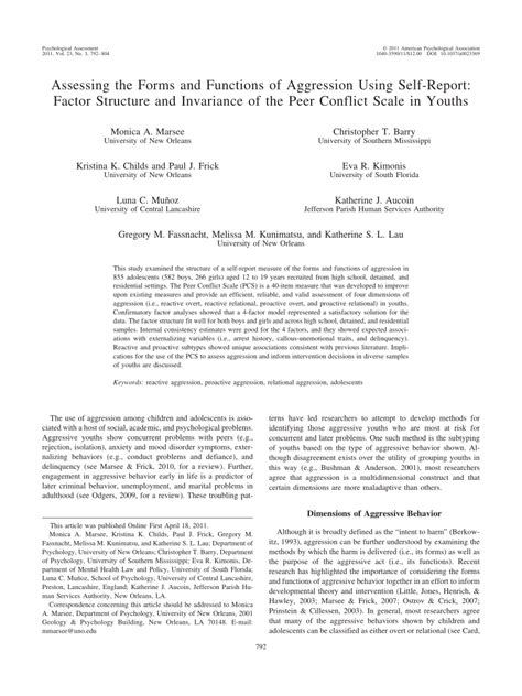 Pdf Assessing The Forms And Functions Of Aggression Using Self Report Factor Structure And