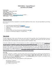 1201 Lab Syllabus Fall 2022 026L Docx PHYS1201Q General Physics I Fall 2022 Lab Syllabus