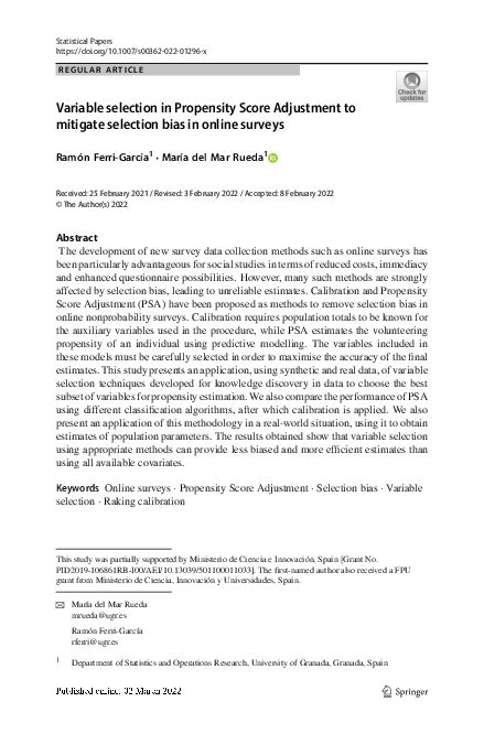 Pdf Variable Selection In Propensity Score Adjustment To Mitigate Selection Bias In Online Surveys